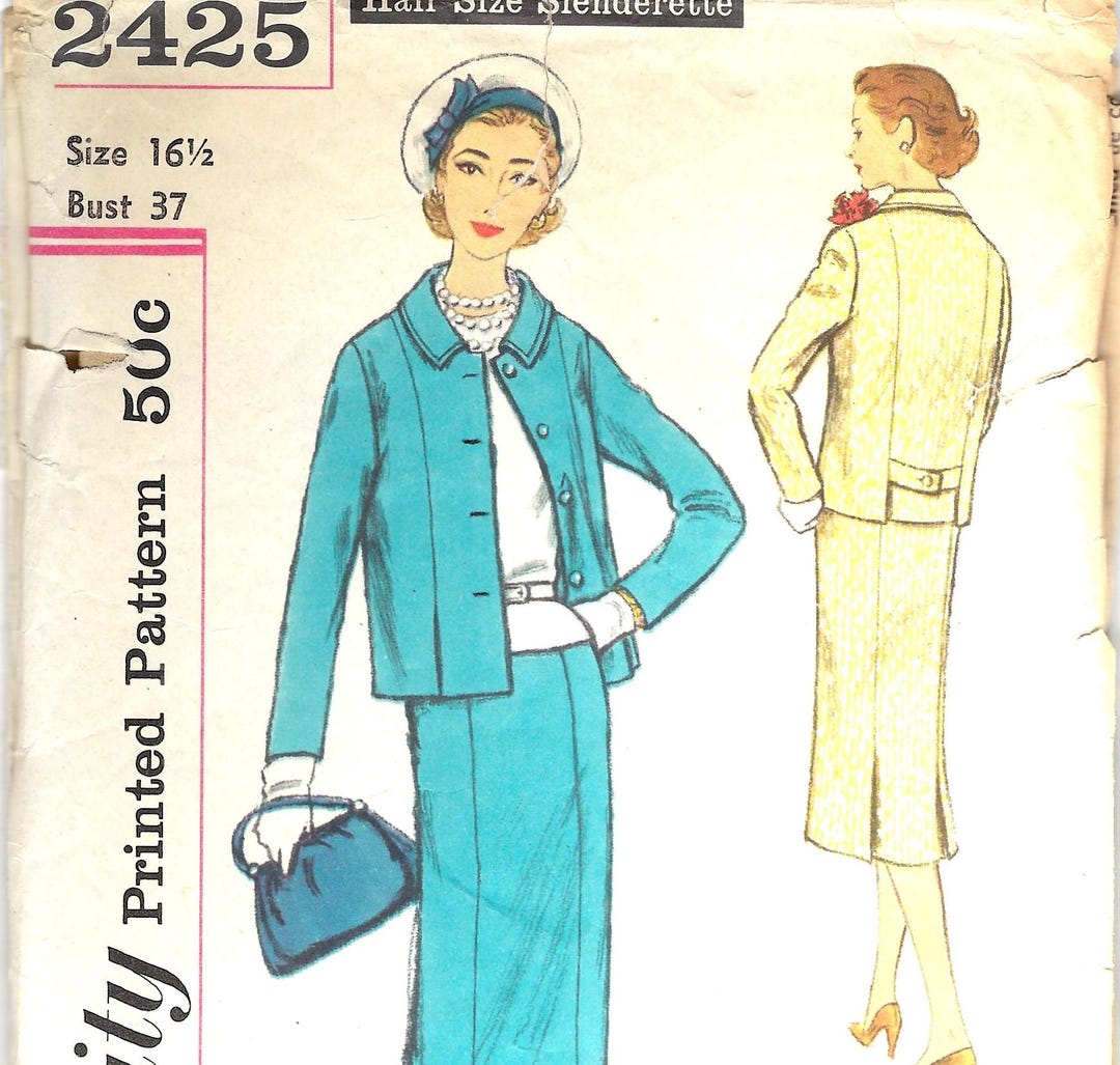 50's Slimline 2 Piece Suit Simplicity 2425 Sewing Pattern Size 16 1/2 ...