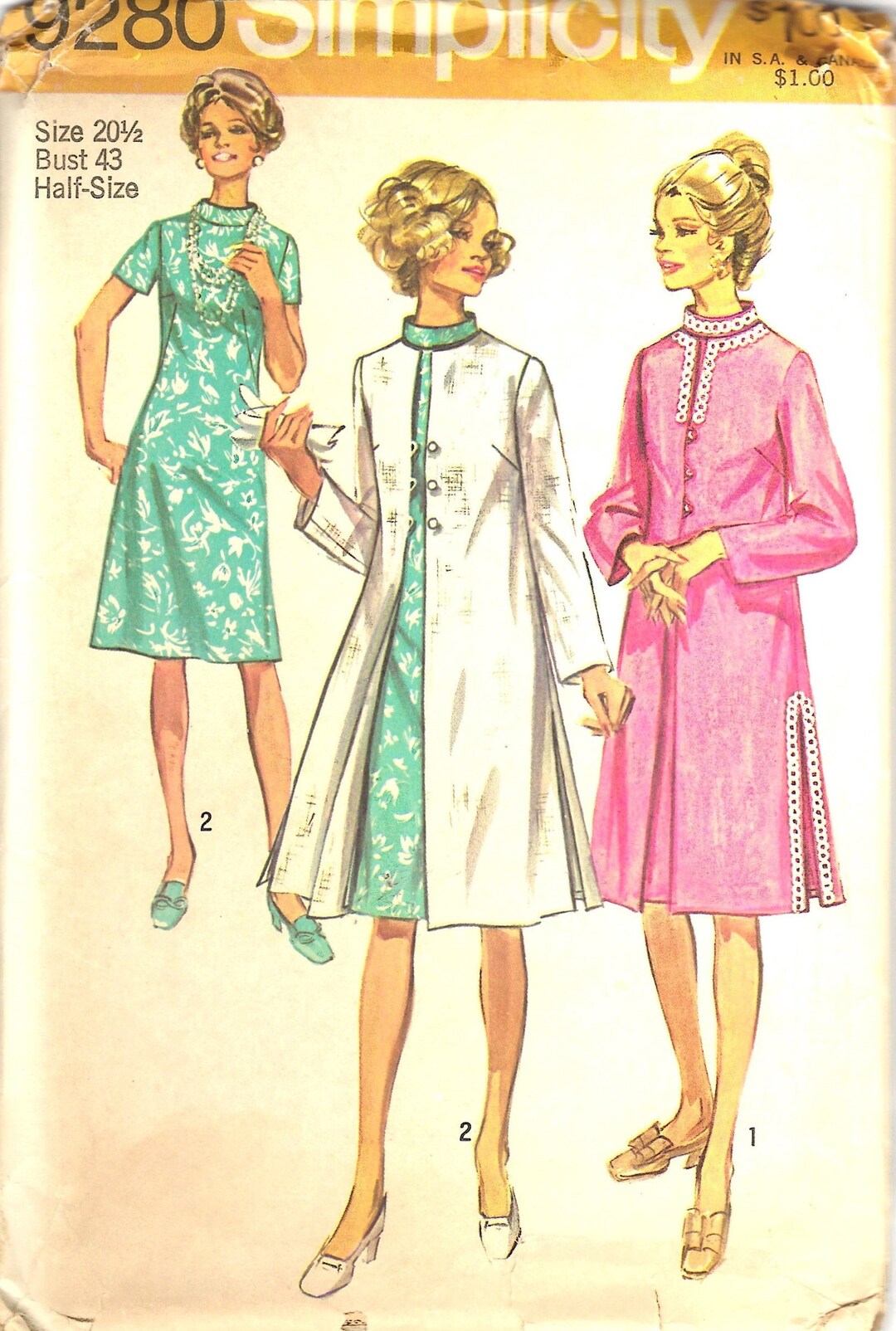 Vintage 70’s Simplicity 9280 Dress and Coat Pattern Size 20 1/2 Bust 43 ...