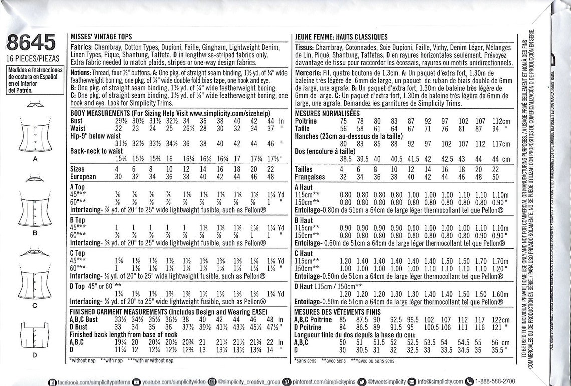 Simplicity 8645 Sewing Pattern for Misses Vintage Tops SZ | Etsy