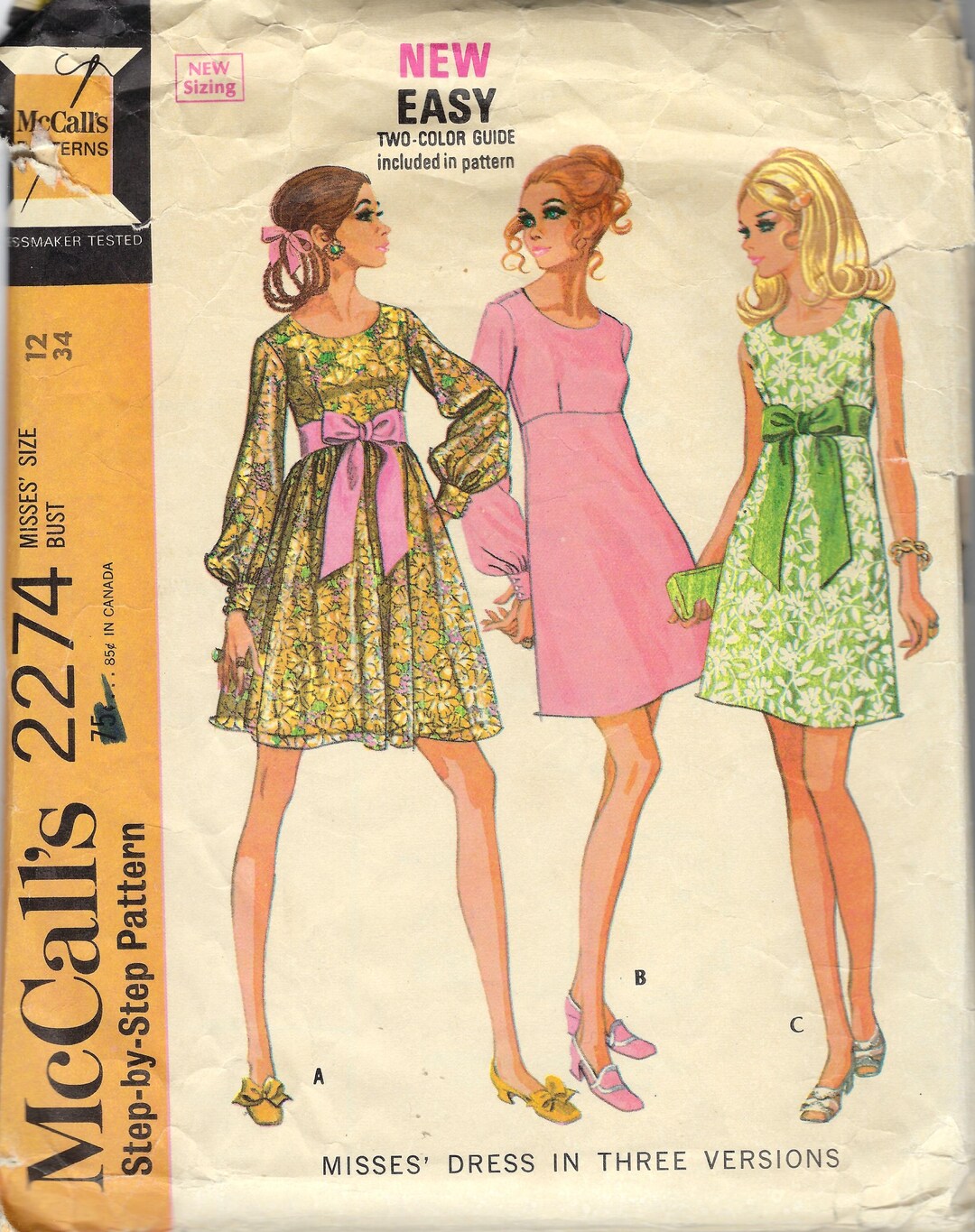 1970 Mccall's 2274 Vintage Sewing Pattern, Misses' High Waisted Dress ...