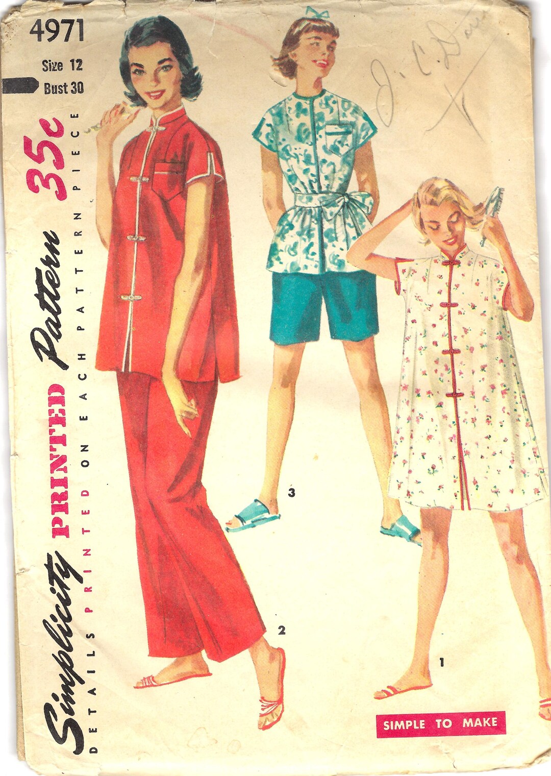 1950's Vintage SIMPLICITY 4971 Pajamas Shorts Pants Sleep Coat, Dress ...