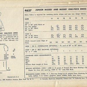 50s One Piece Dress Vintage Pattern, Full Skirt Dress, Simplicity 4637 ...