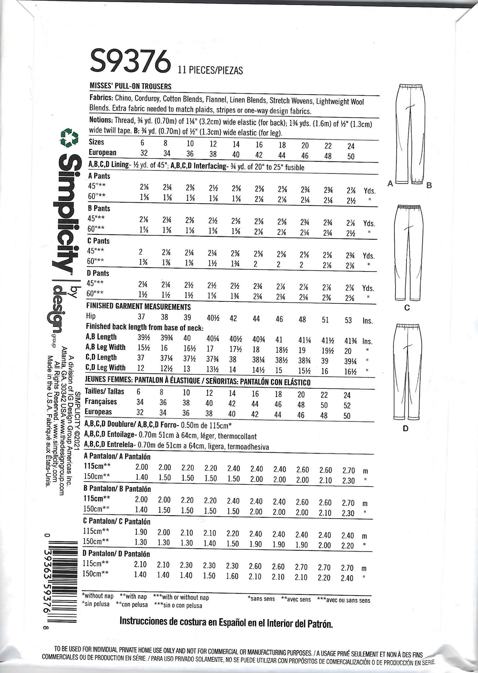 Simplicity S9376 Sewing Pattern Womens Pull on Trousers - Etsy