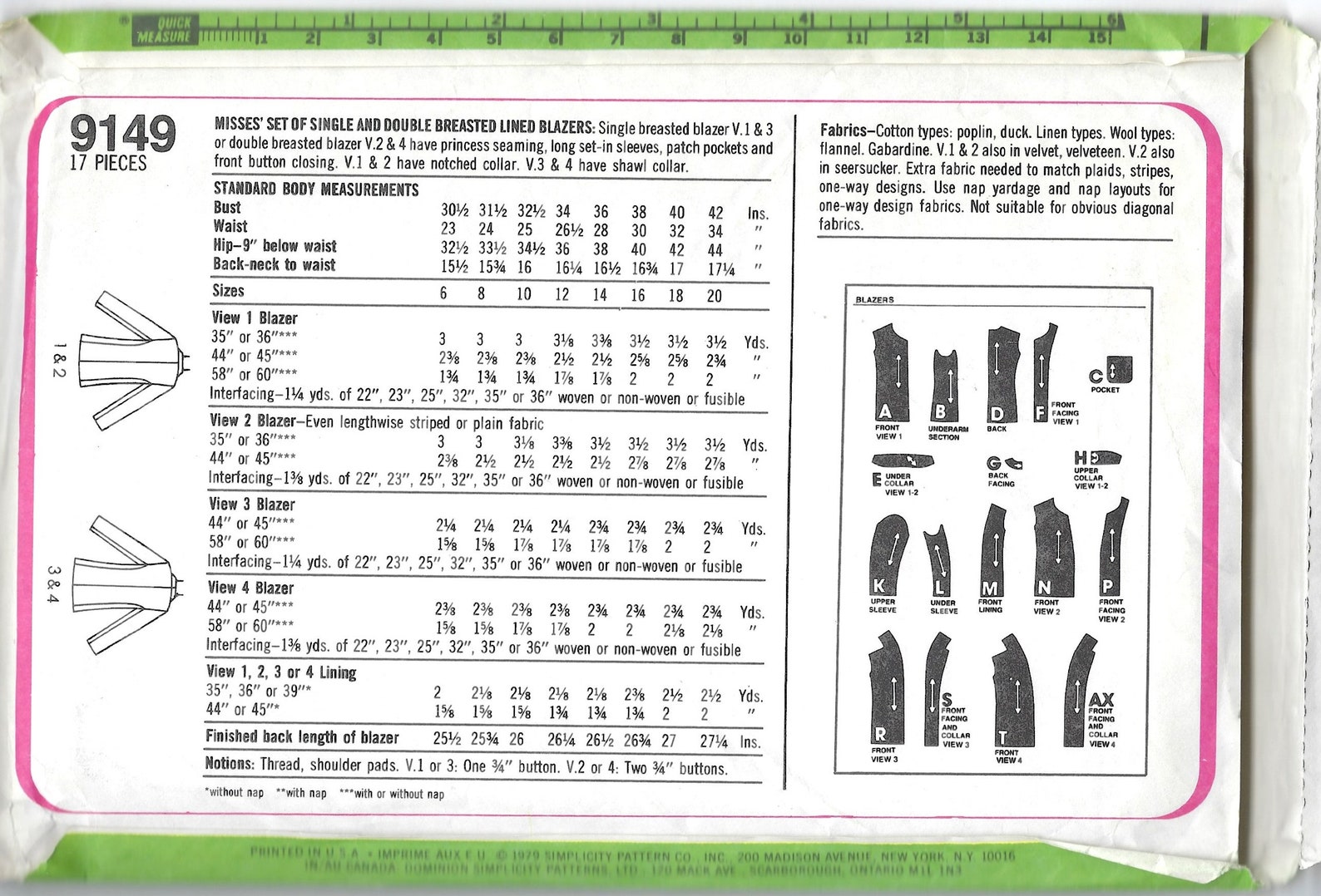 1970s Women's Jacket Sewing Pattern, Simplicity 9149, Size 14 Bust 36 ...