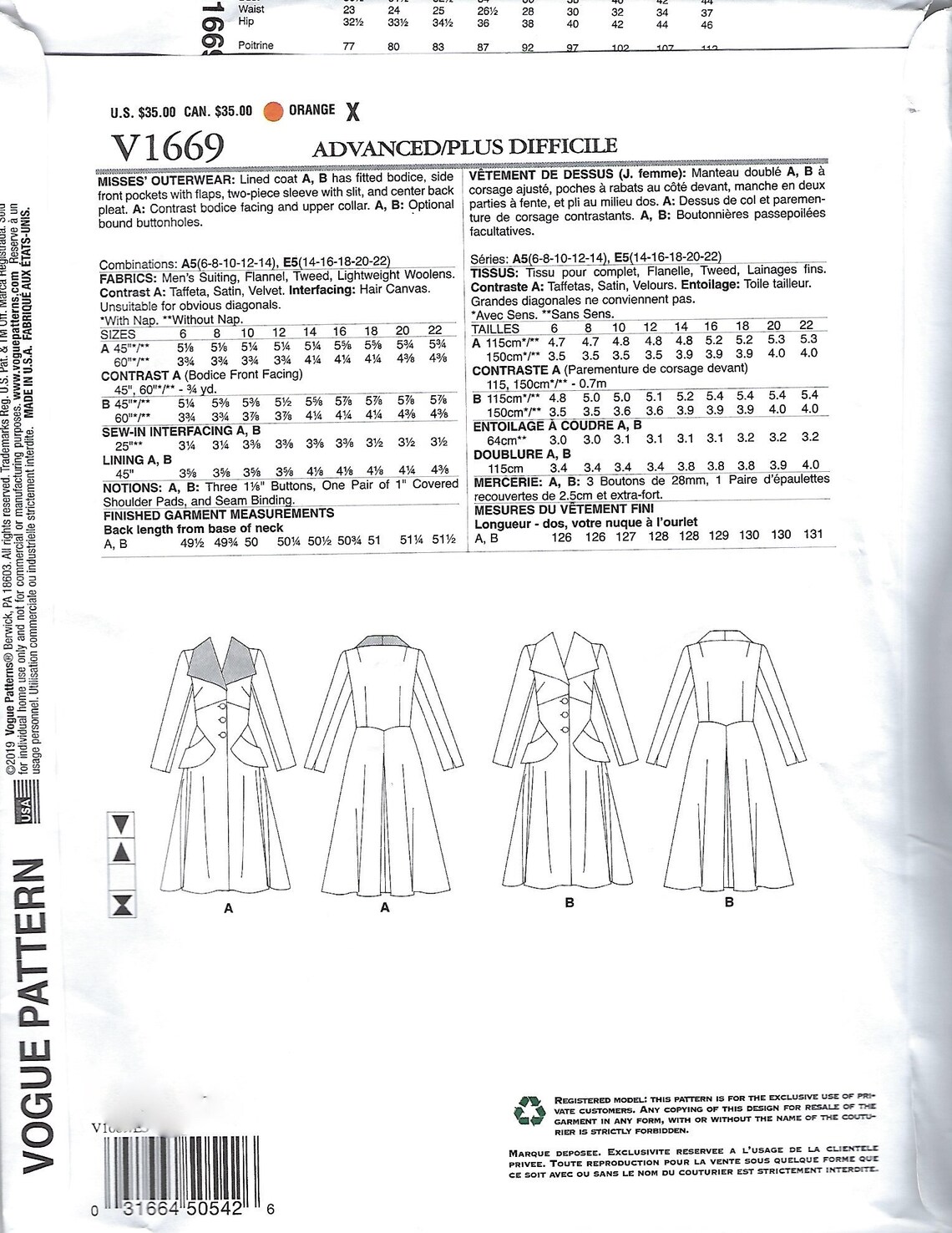 Vogue Sewing Pattern V1669 Outerwear Retro Coat Sewing - Etsy