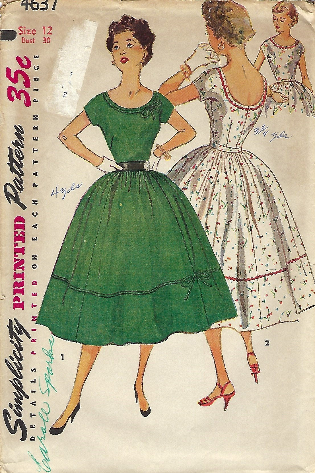 50s One Piece Dress Vintage Pattern, Full Skirt Dress 50s One Piece Dress Vintage Pattern, Full Skirt Dress