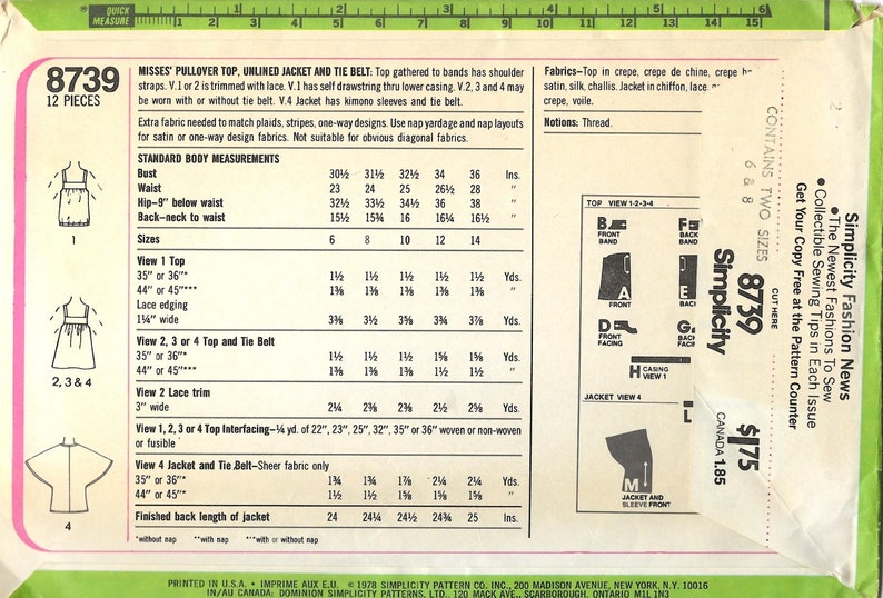 Simplicity 8739 Misses' Pullover Top, Unlined Jacket, and Tie Belt ...