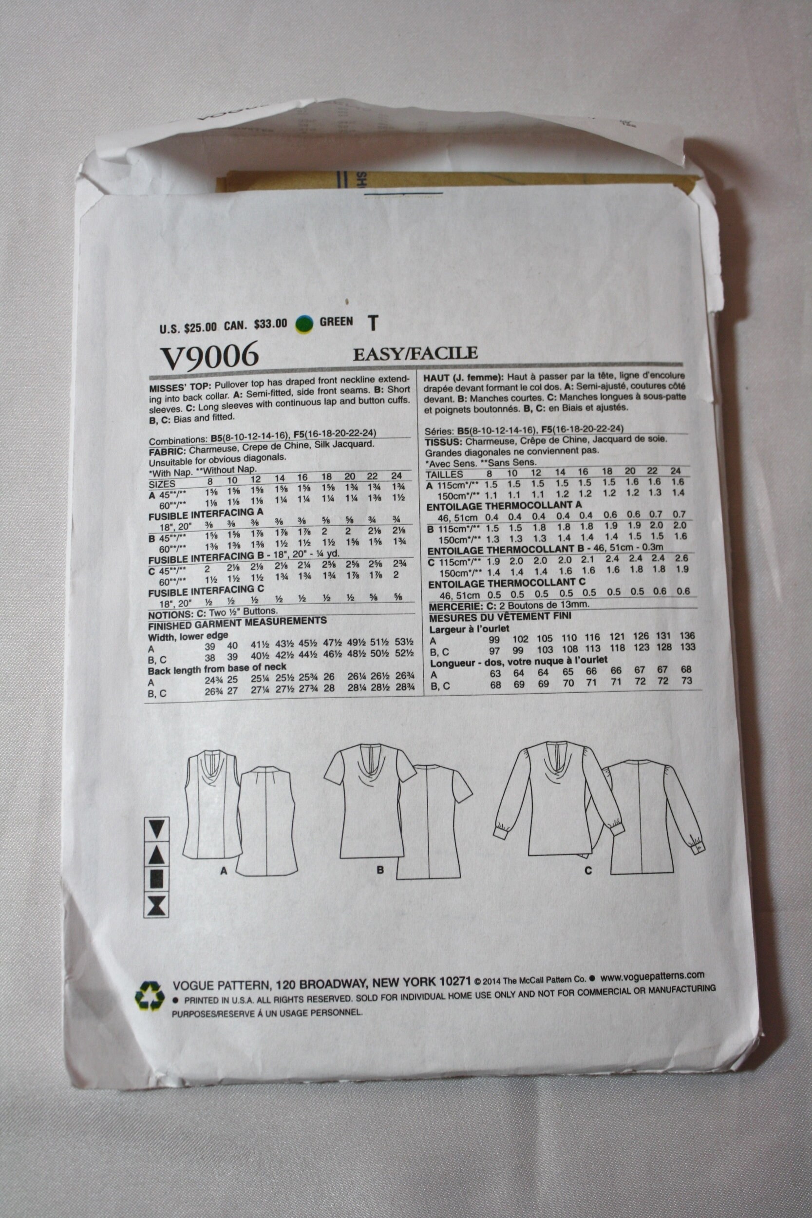 Vogue Sewing Pattern V9006 Misses Pullover Top With Draped - Etsy