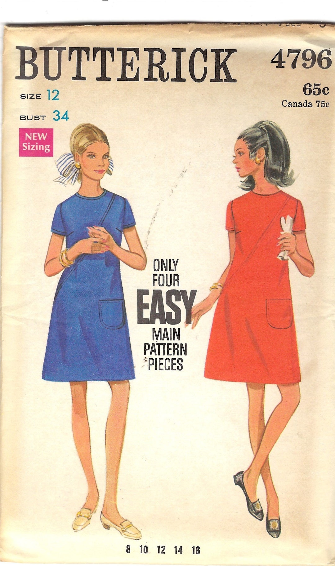 60s Dress Pattern, Collarless Dress Vintage Sewing Pattern, Butterick ...