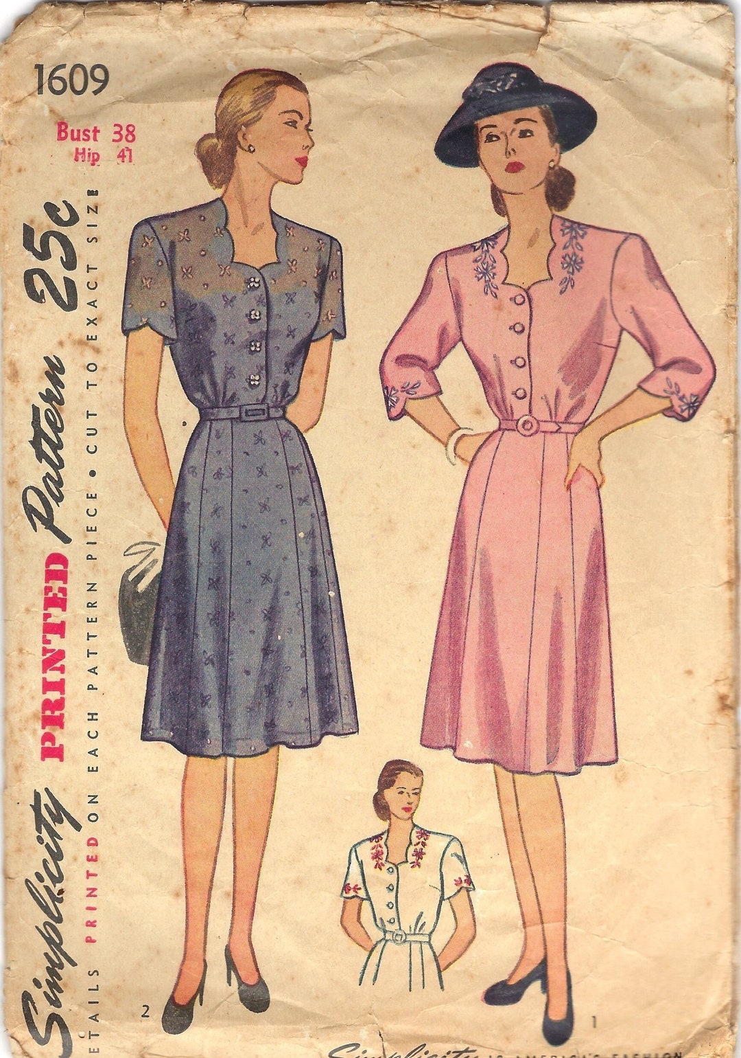 1940s Dress With Scalloped Neckline, Simplicity 1609 Vintage Sewing ...