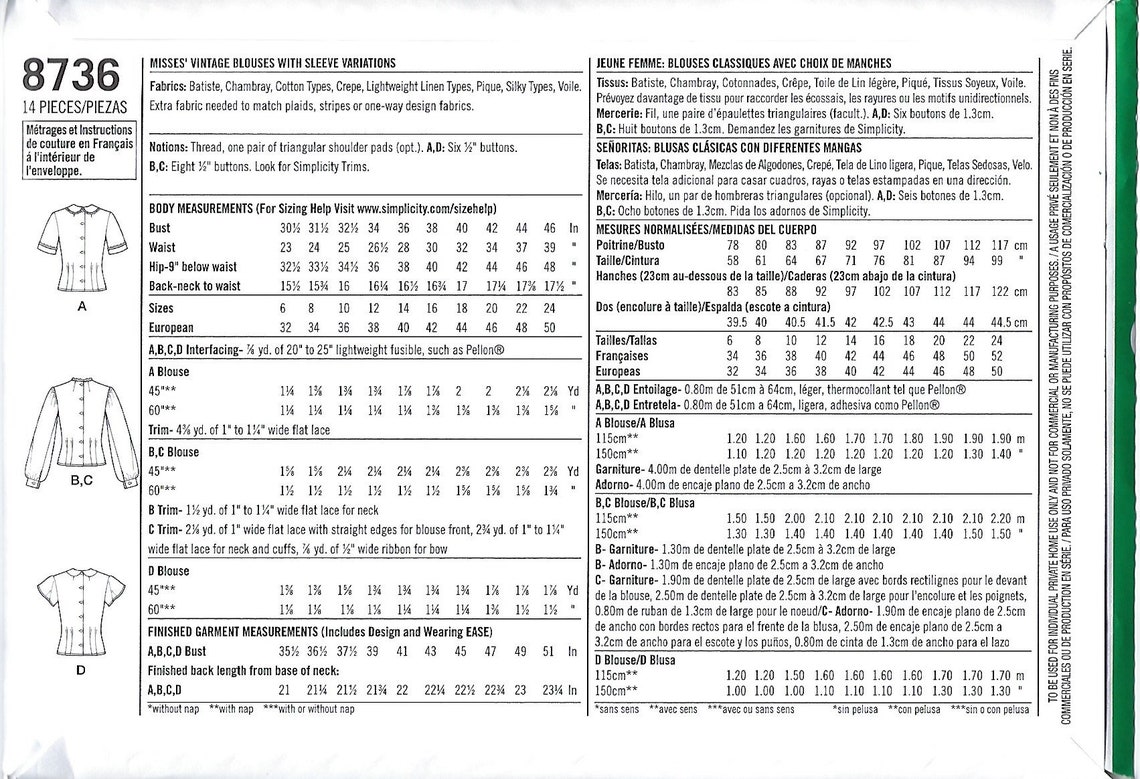 Simplicity 8736 40s Retro Blouses Sewing Pattern UNCUT - Etsy