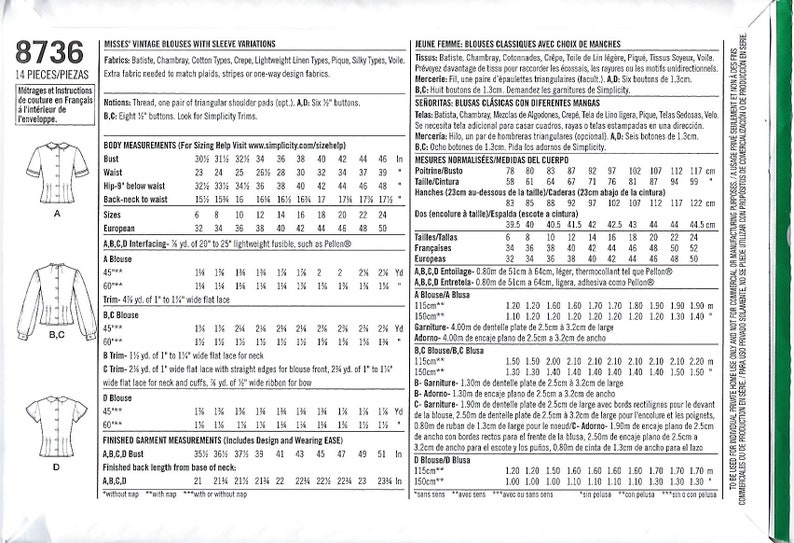 Simplicity 8736 40s Retro Blouses Sewing Pattern UNCUT - Etsy