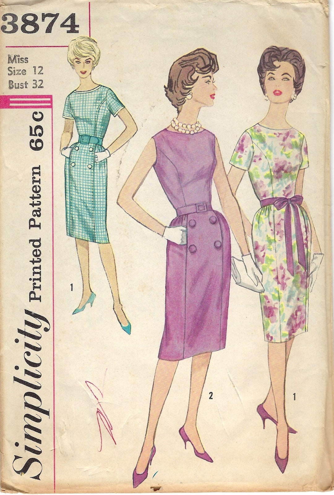 50s Dress Sewing Pattern, Sz 12 Bust 32, Simplicity 3874 - Etsy