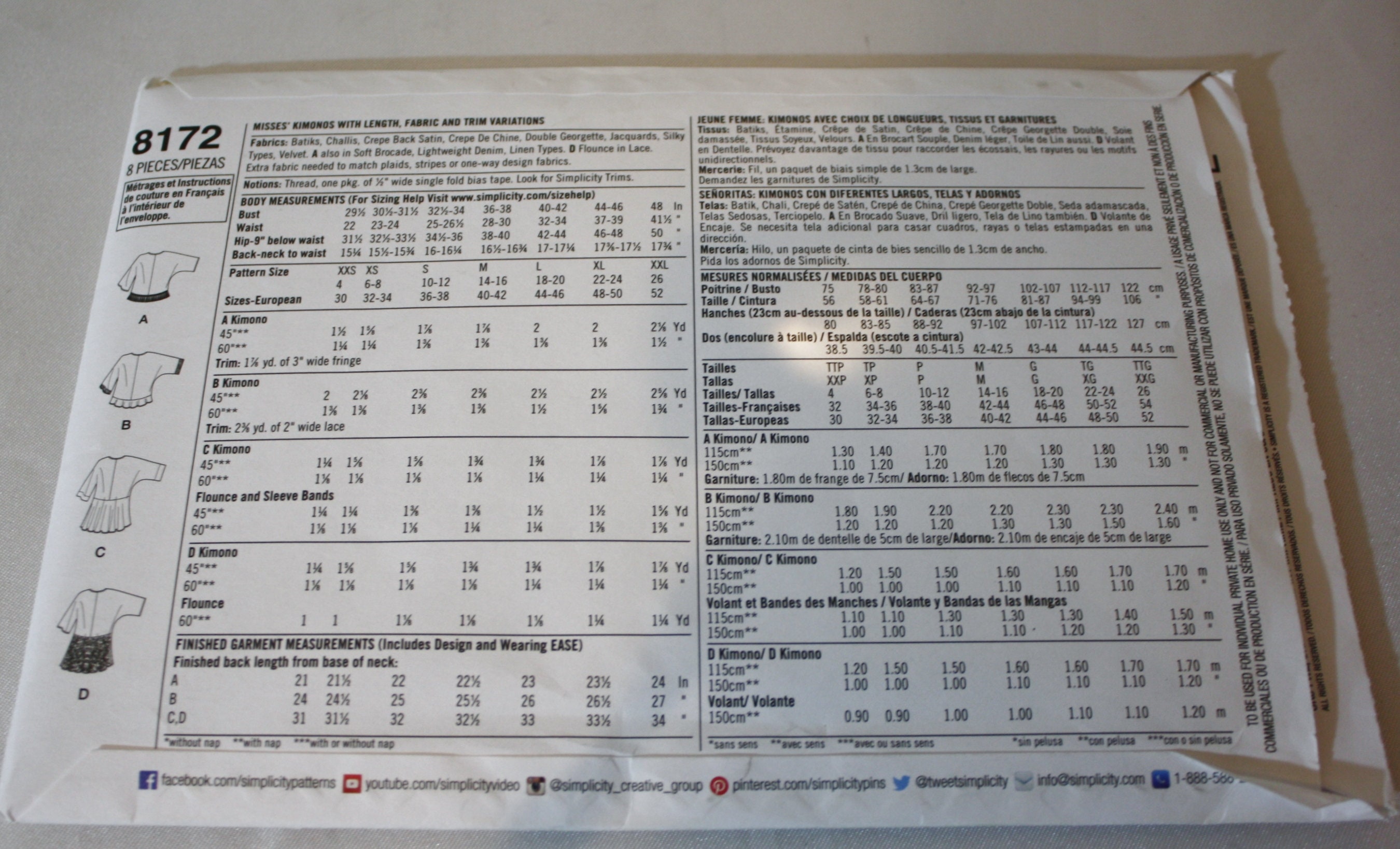 Simplicity 8172 Misses' Kimonos Sewing Pattern UNCUT - Etsy