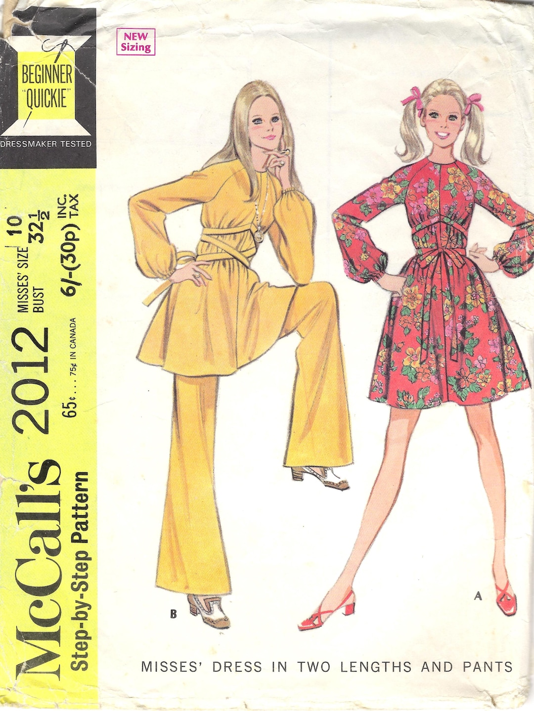 1960s Mini Dress & Bell Bottoms Sewing Pattern: Mccalls 2012, Bust 32.5 ...