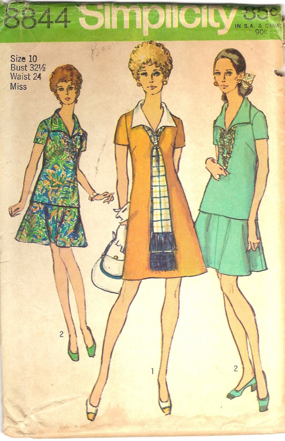 1970s Simplicity 8844 Misses' One-piece Dress, Overblouse, Skirt, Scarf ...
