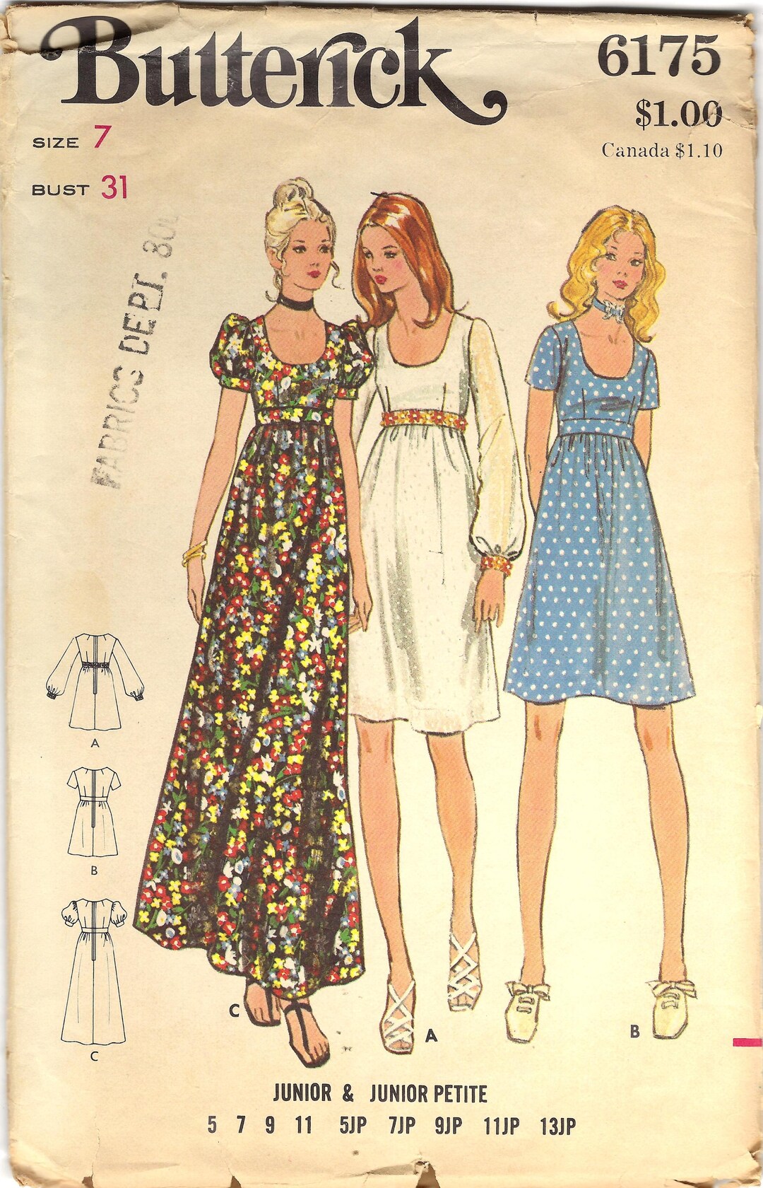 1970s Butterick 6175 Babydoll Dress With Sleeve Variations Sewing ...