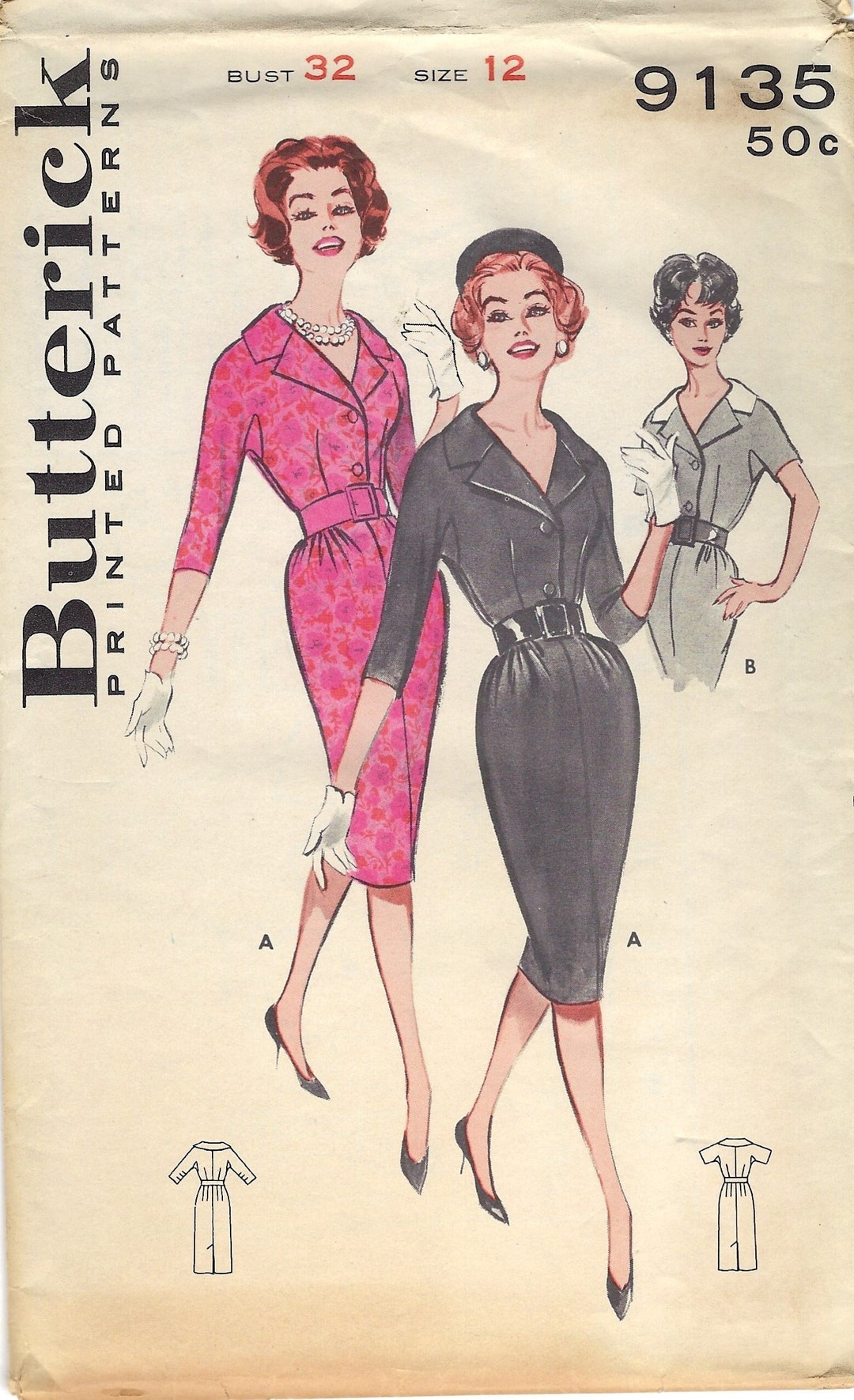 50s Dress Sewing Pattern, Sz 12 Bust 32, Butterick 9135 - Etsy