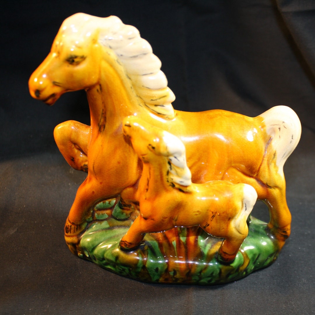 Vintage Porcelain Glazed Horse and Colt Baby Figurine, Horse Figurine ...