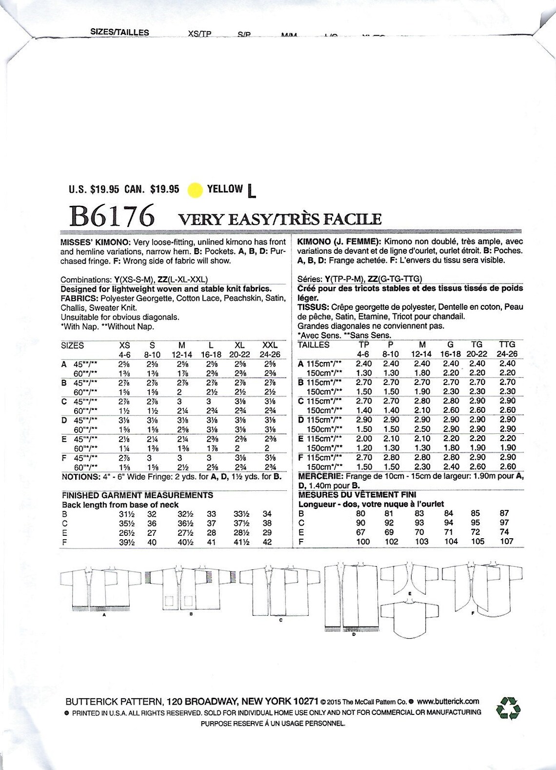 Butterick B6176 Sewing Pattern for Misses Open Front Kimono Jacket ...