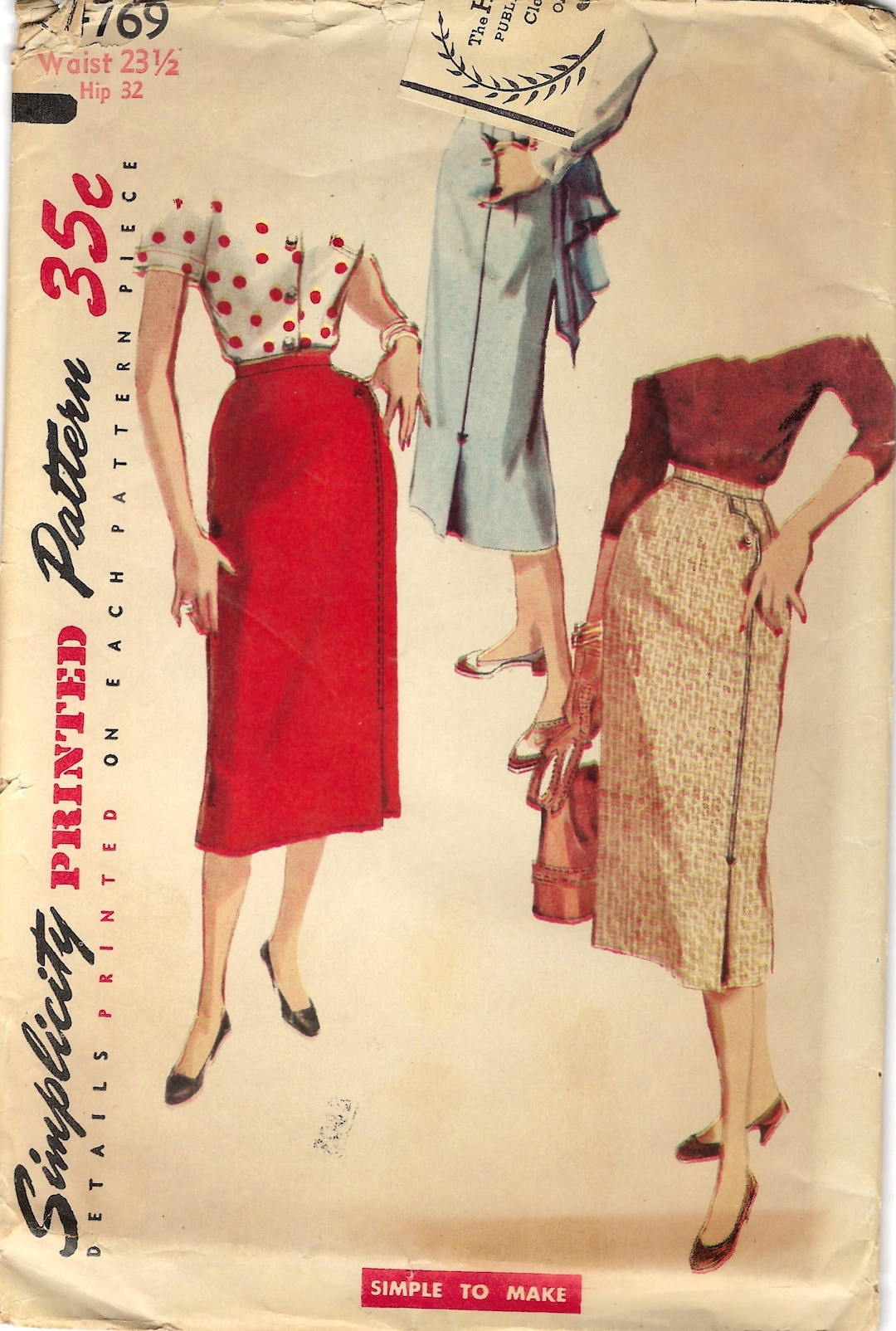 50s Vintage Pencil Skirt Sewing Pattern: Simplicity 4769 (waist 23 1/2 ...