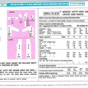 Simple-to-sew Misses' Jiffy Knit Unlined Jacket and Pants Sewing ...