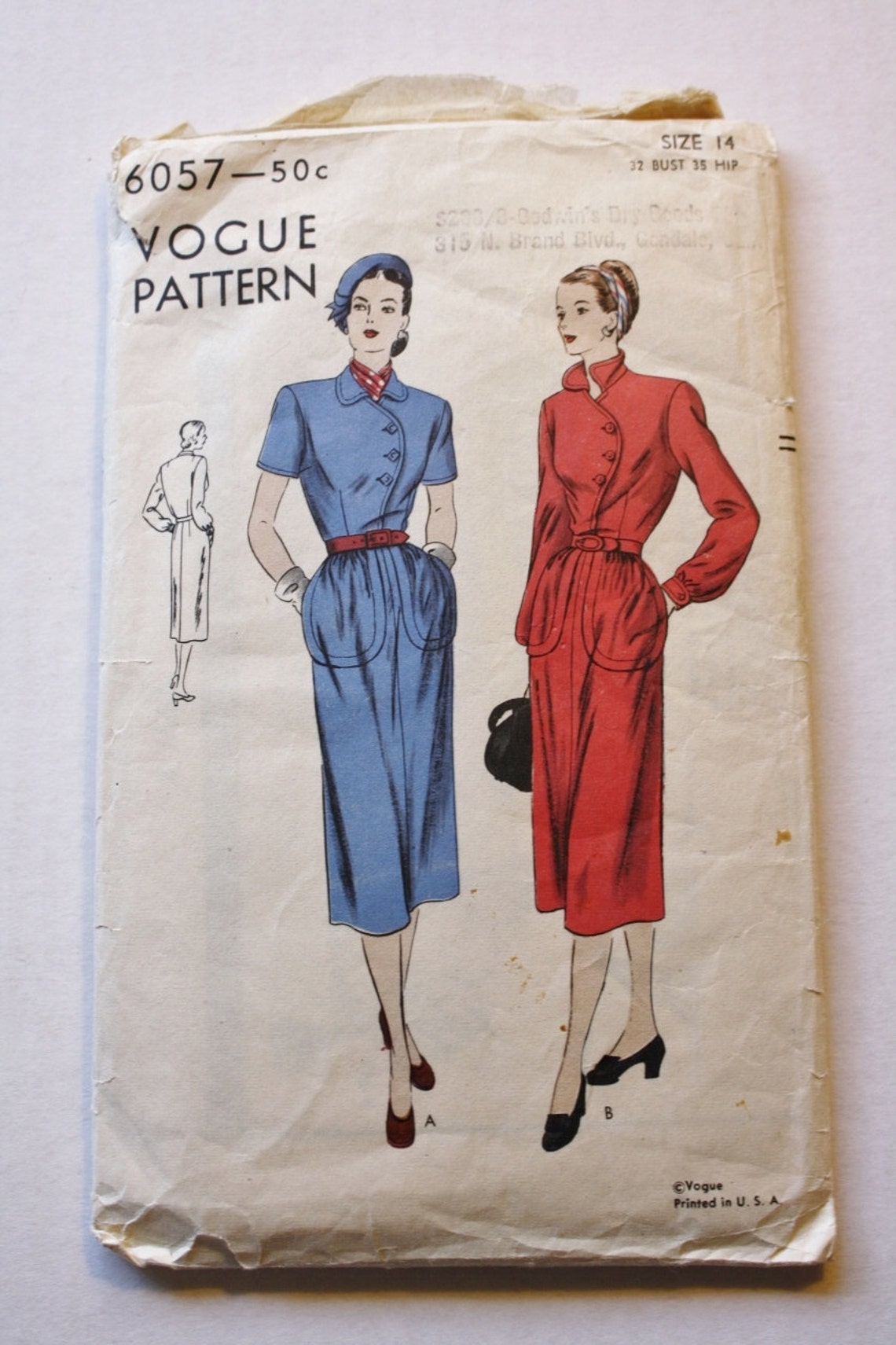 Vogue 6057 1940s Vogue Dress Pattern Large Patch - Etsy