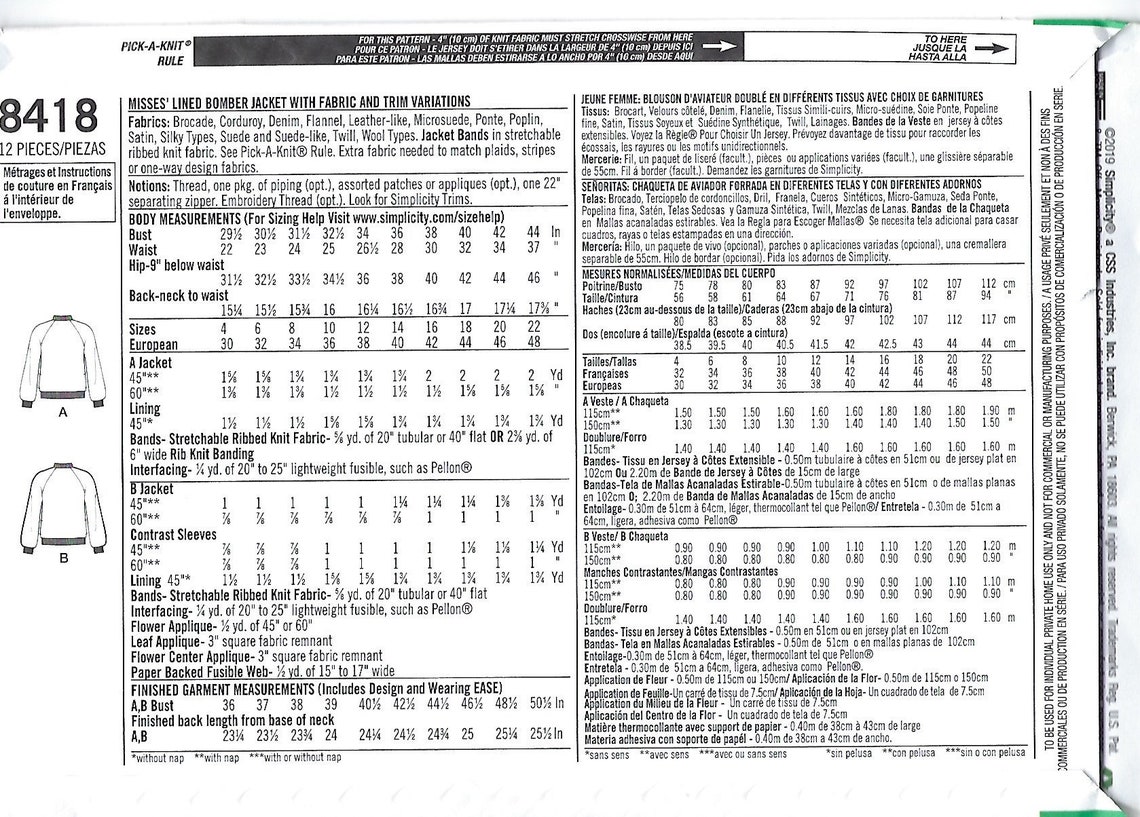 Simplicity 8418 Womens Lined Bomber Jacket Sewing Pattern - Etsy