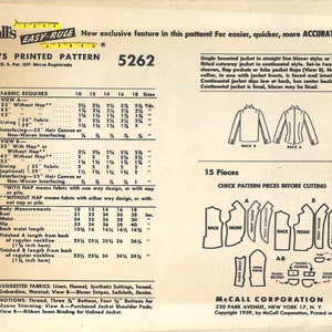 50s Blazers, Mccalls 5262 Vintage Sewing Pattern, Continental Style ...