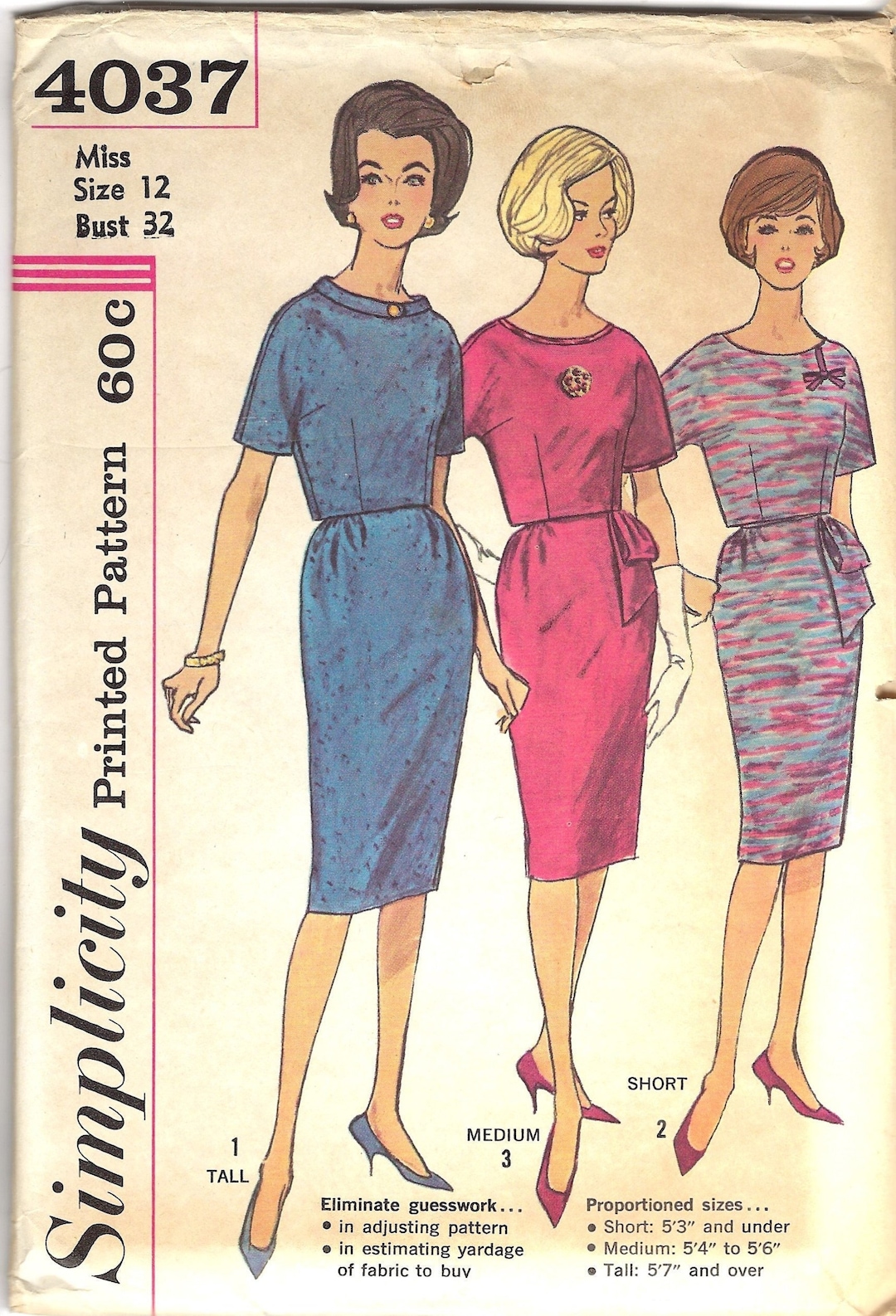 1960s Dress Pattern, Simplicity 4037, 2 Piece Dress Pattern, Proportioned Sizes, Vintage Sewing ...
