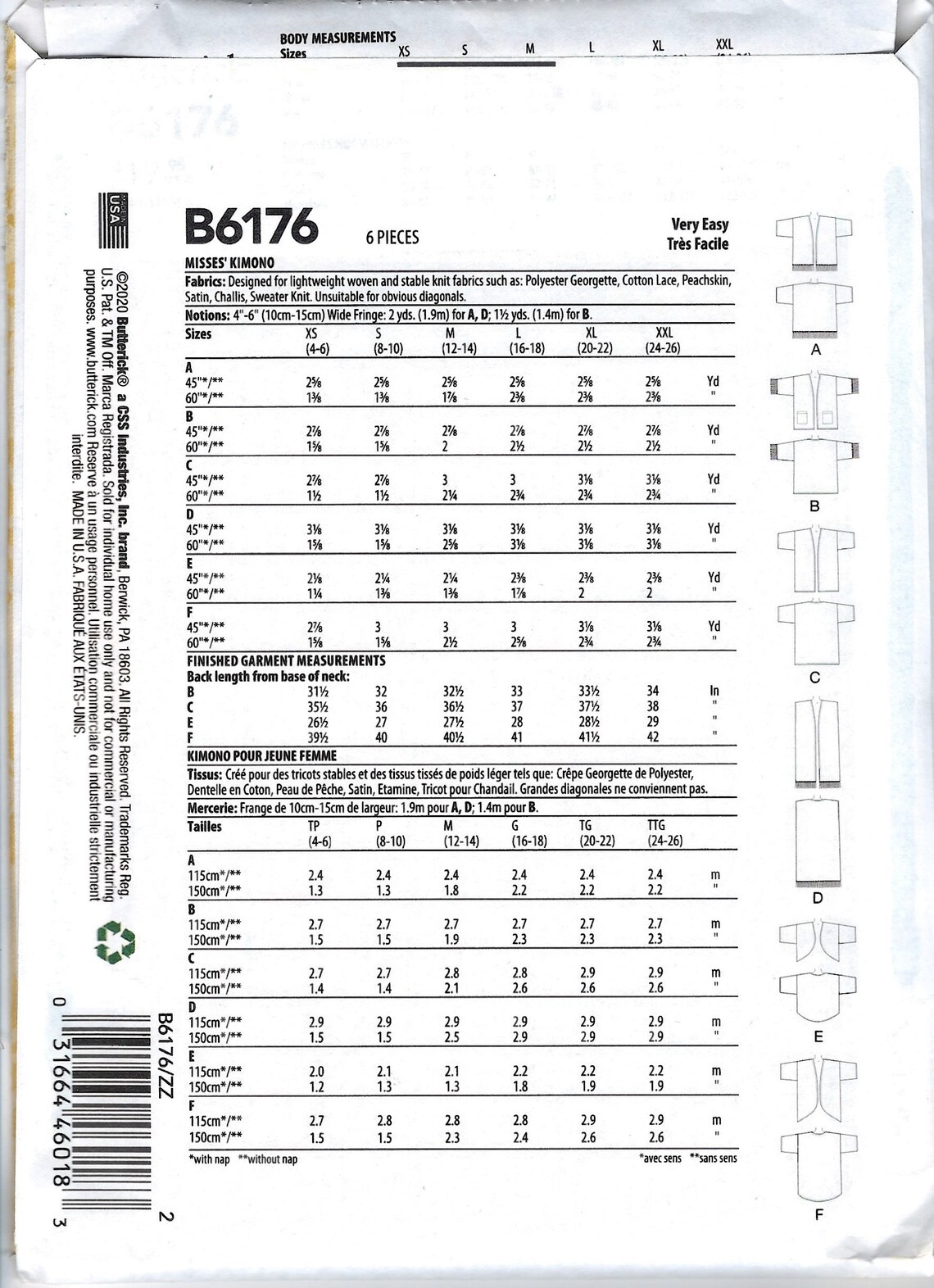 Butterick B6176 Sewing Pattern for Misses Open Front Kimono Jacket ...