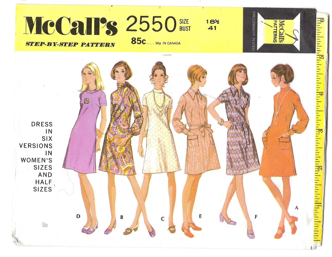 Mccalls 2550 Vintage Sewing Pattern, 70s Dress Pattern, Size 18.5 Bust ...