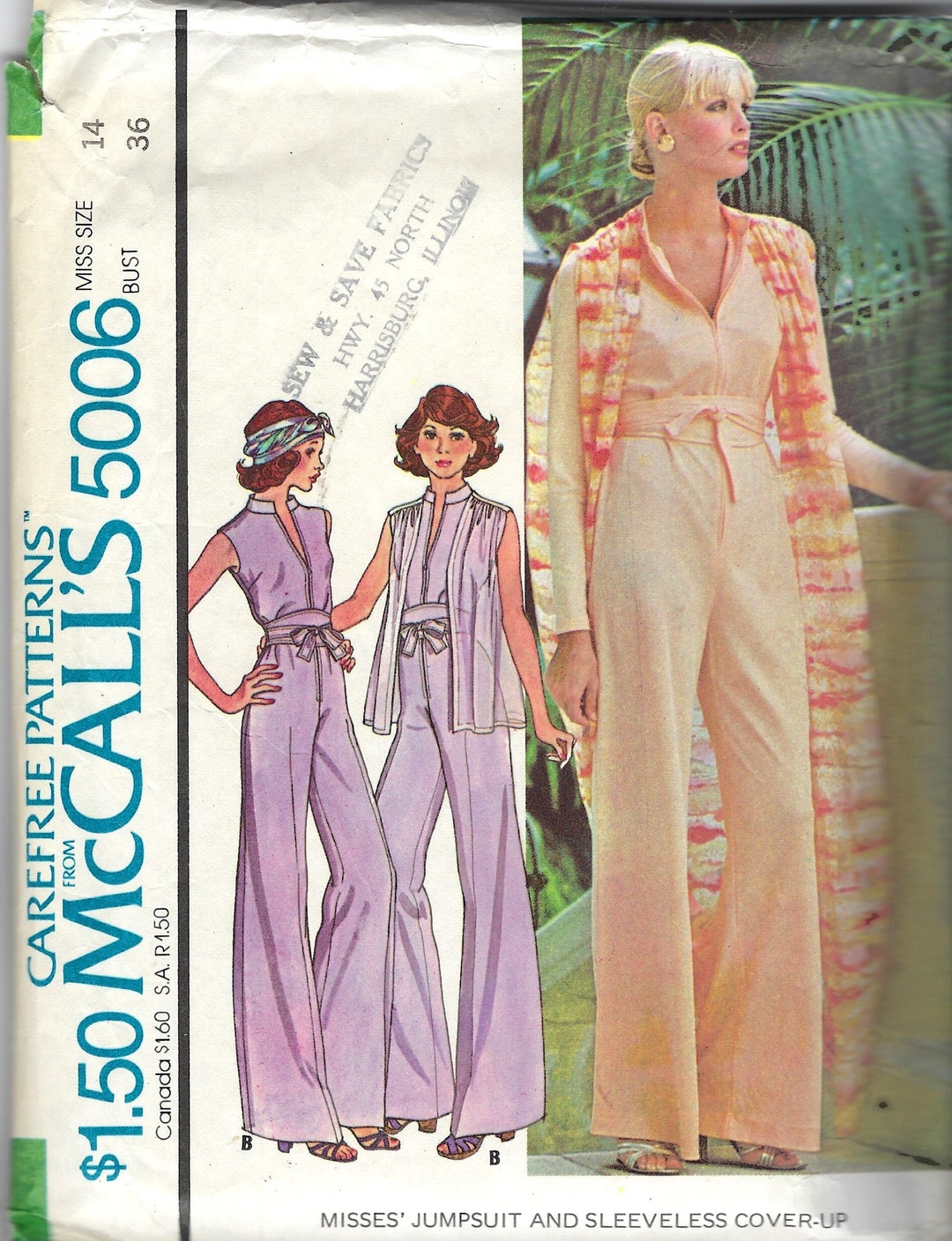 Mccalls 5006 70s Jumpsuit Sewing Pattern, and Coverup, Women's Size 16 ...