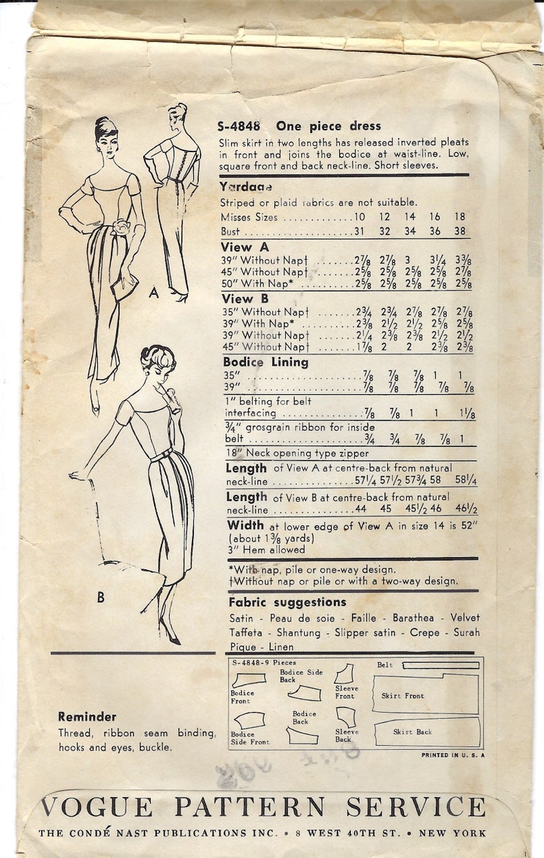 1950's Vogue Special Design S-4848 Dress Sewing Pattern - Etsy