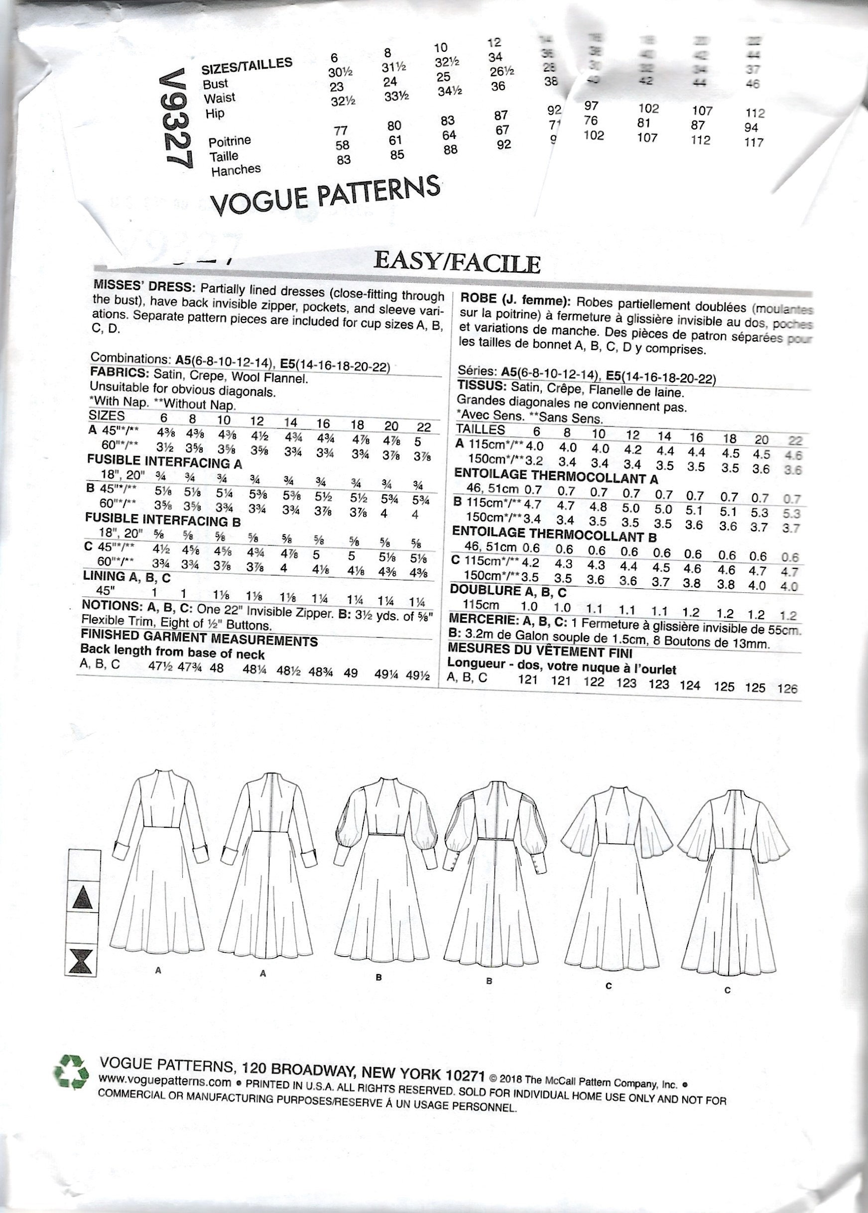 Vogue V9327 Misses Partially Lined Dresses Sewing Pattern - Etsy