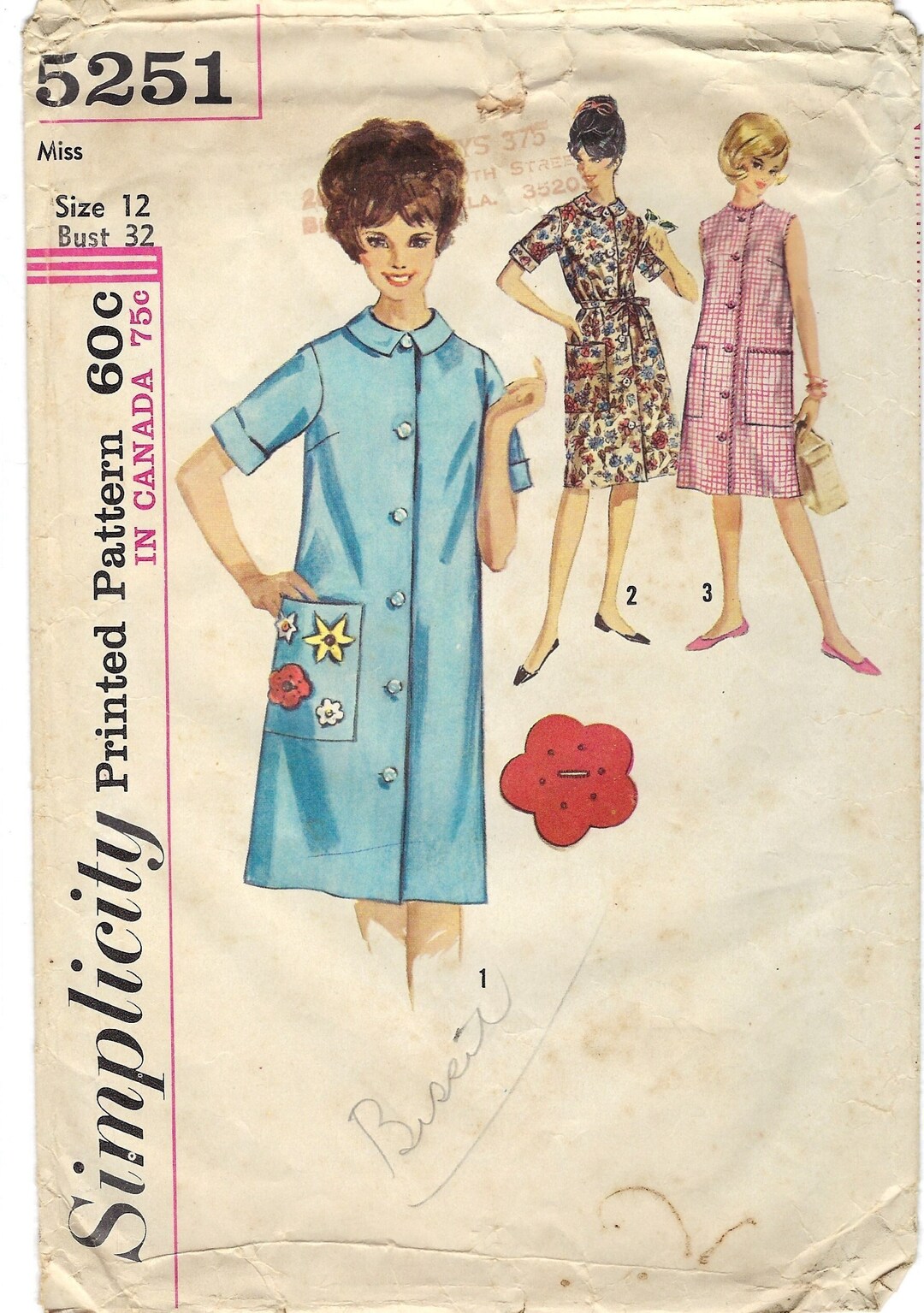 1960s House Dress Simplicity 5251 Vintage Sewing Pattern Size 12 Bust ...