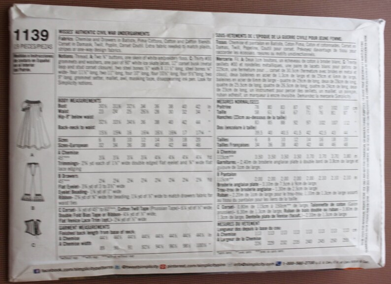 Civil War Undergarments Sewing Pattern, Simplicity 1139, Bust 30.5-34 ...