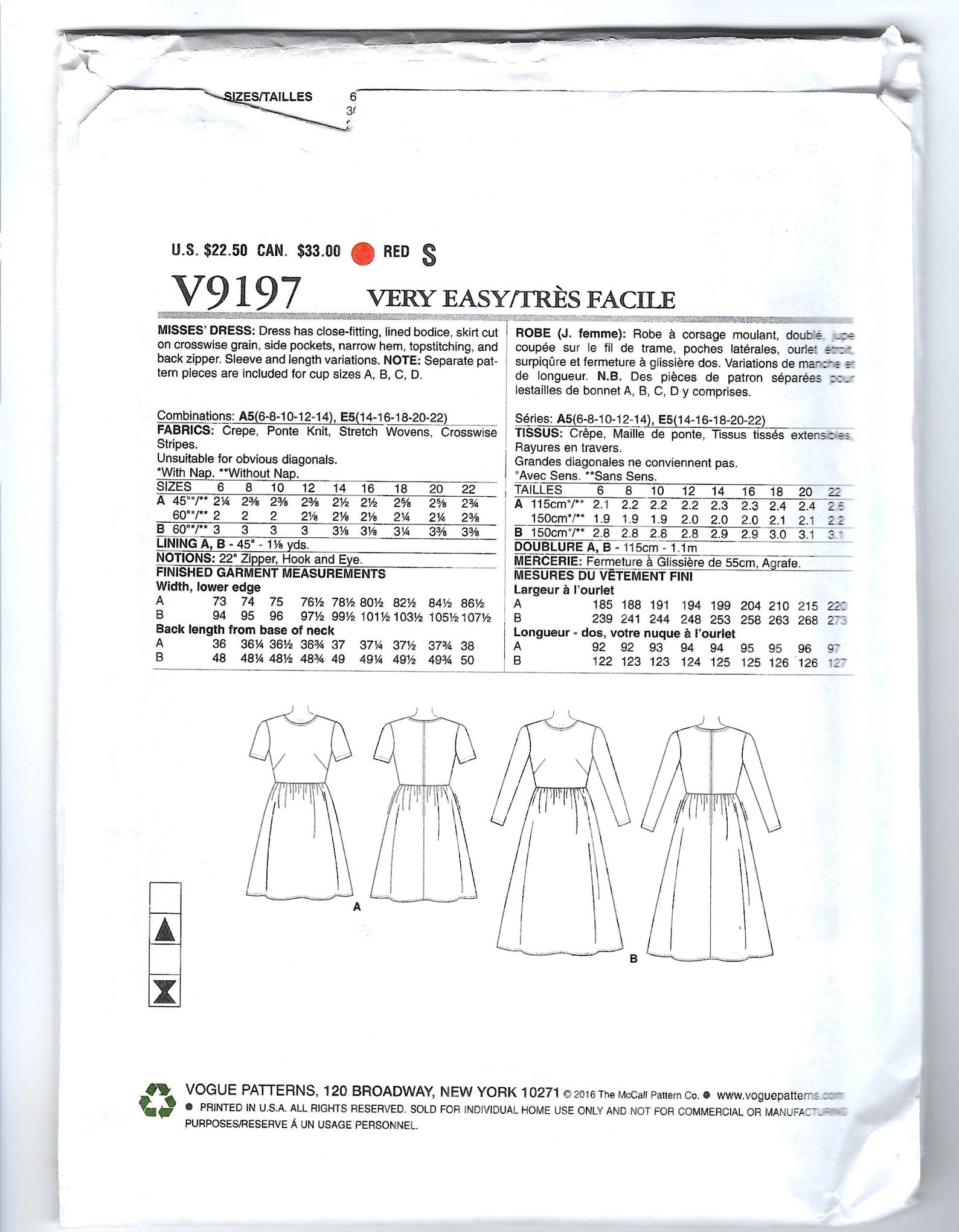 VOGUE V9197 Dress Sewing Pattern Uncut - Etsy
