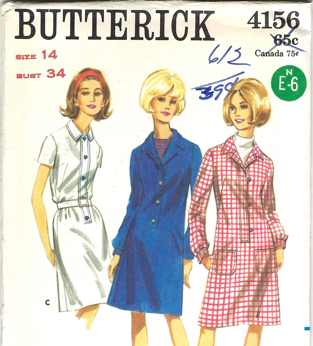 1960s Butterick 4156, Semi-fitted A-line Dress Vintage Sewing Pattern ...