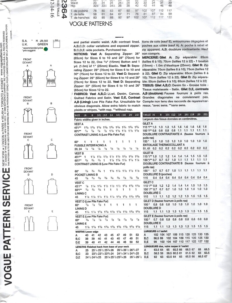 Sz 12-14-16 Vogue Basic Design Pattern 2364, Loose-fitting, Lined Vest ...
