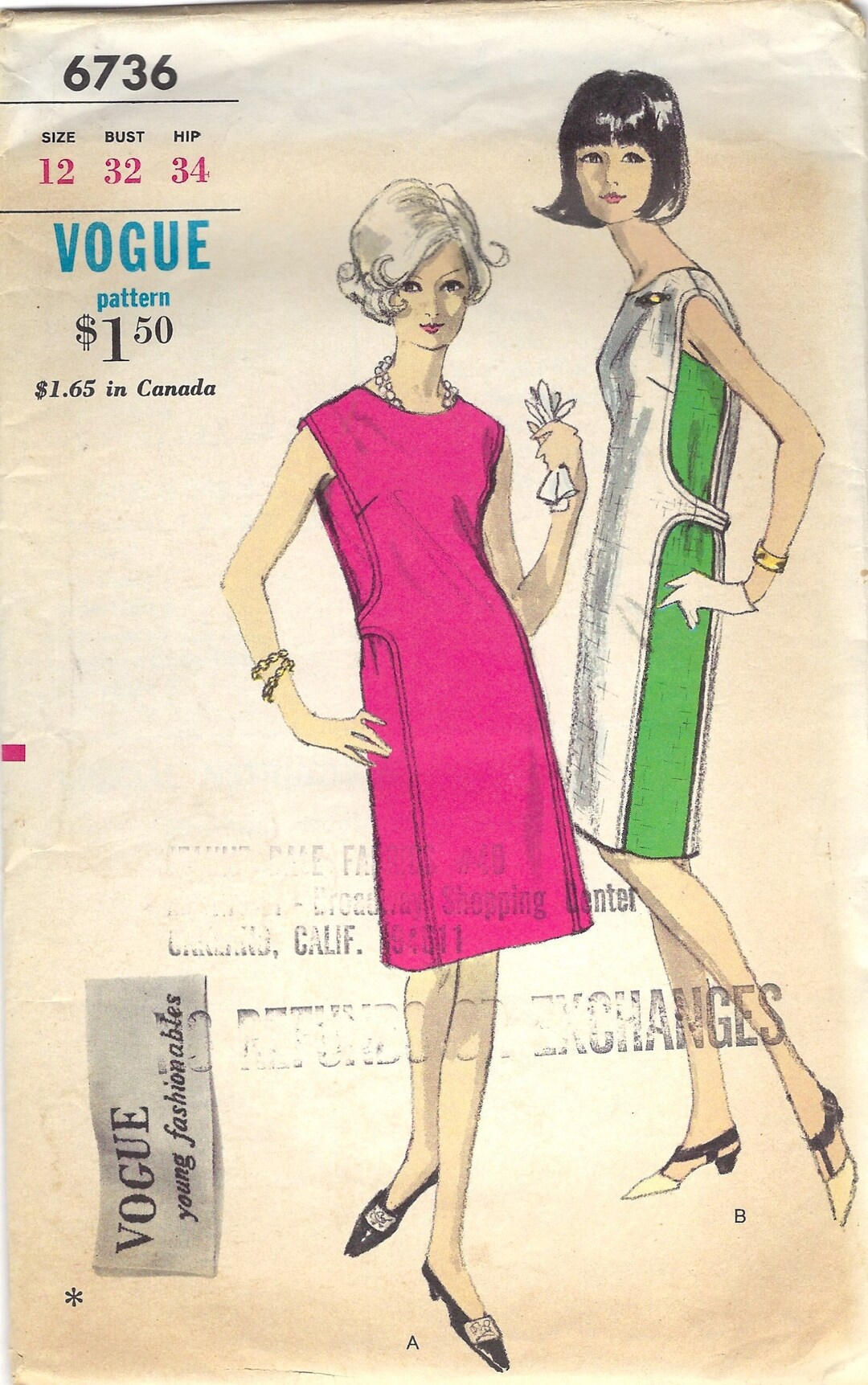 1960s Vintage Vogue Pattern 6736, Sleeveless Panelled Dress, Size 12 ...