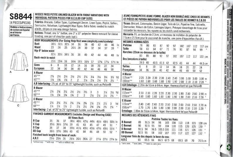 Misses' Unlined Blazer Simplicity S8844 Sewing Pattern - Etsy