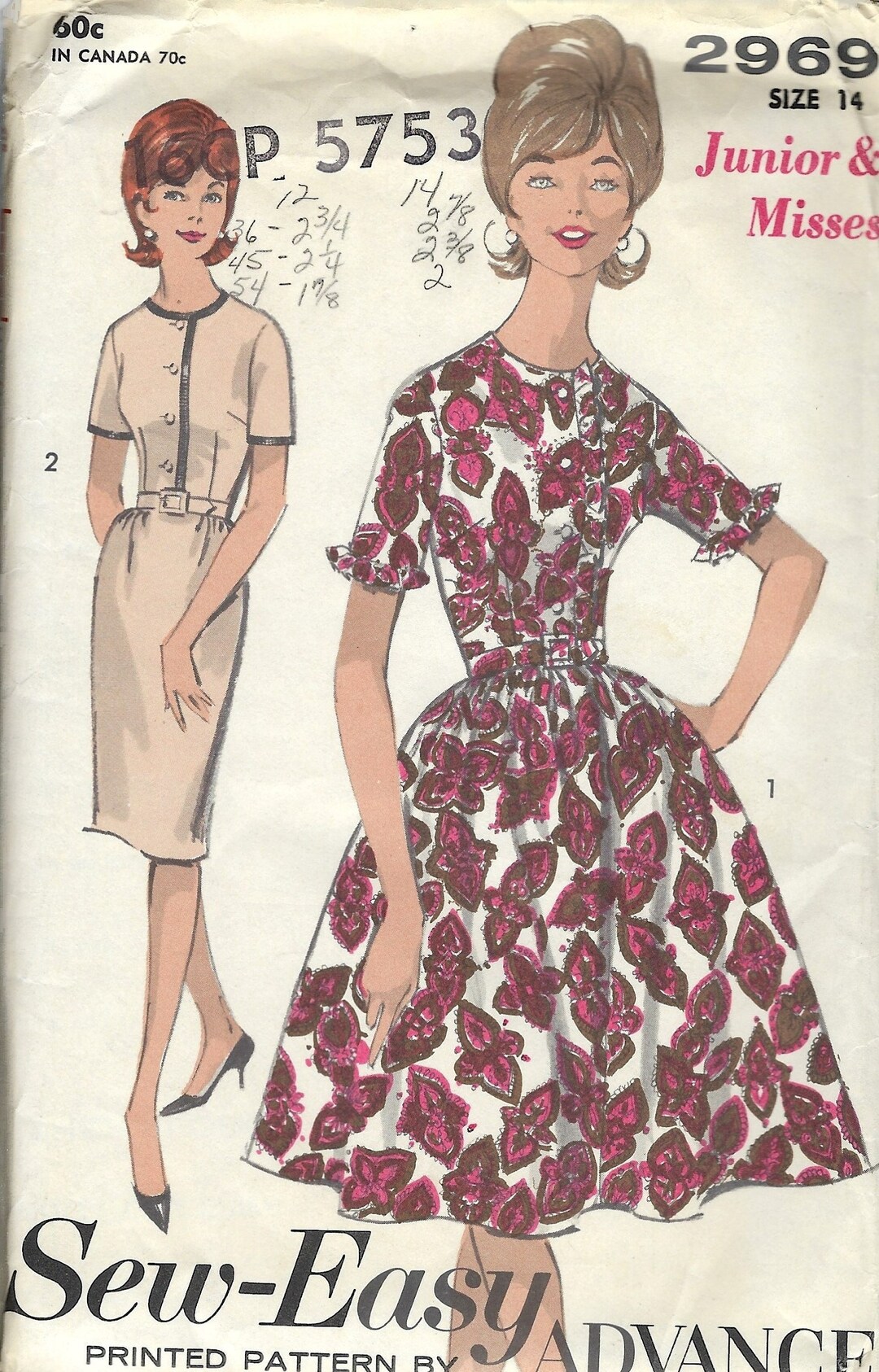 60s Dress Sewing Pattern: Advance 2969, Bust 34 (size 14) - Etsy