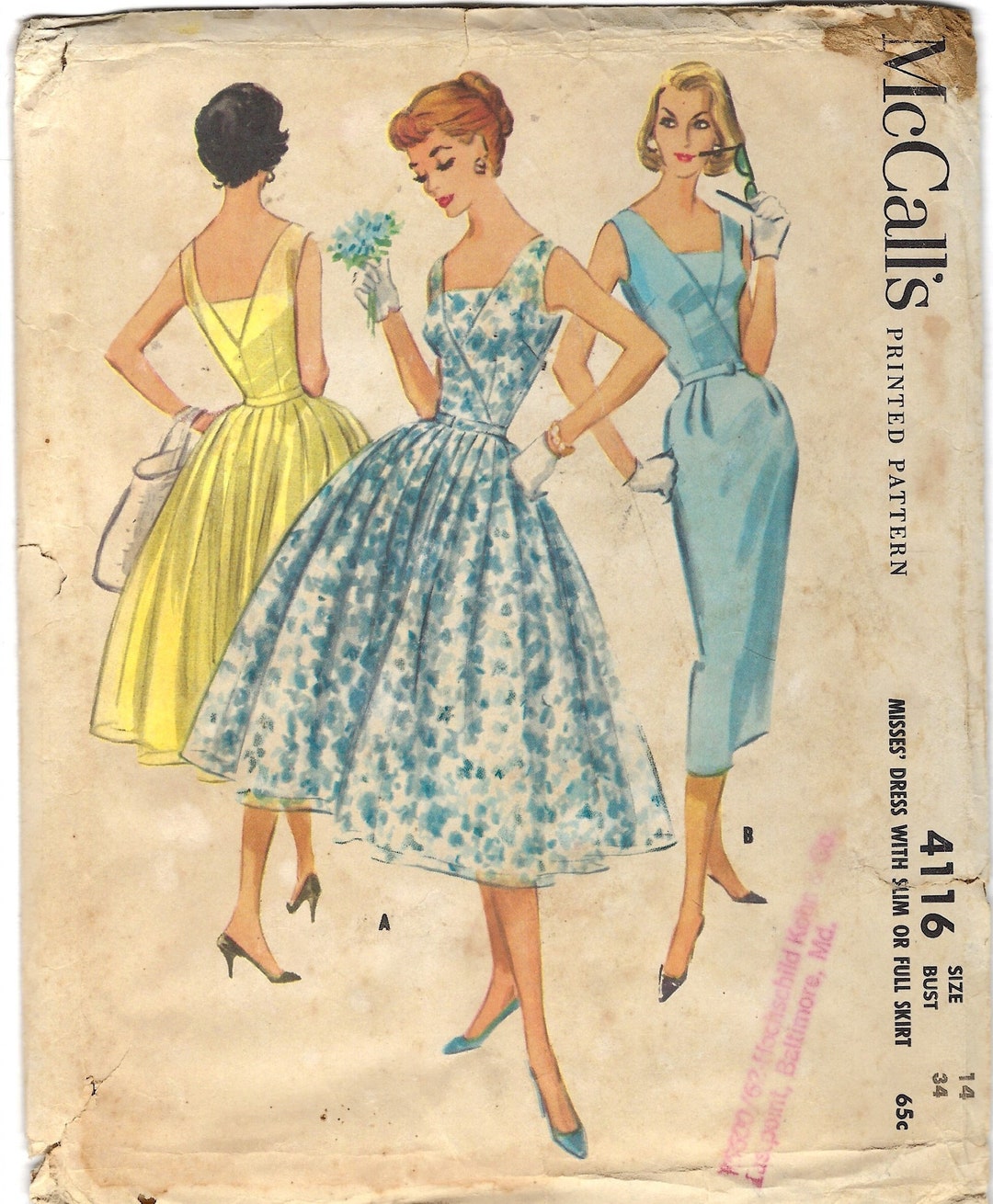 1950s Mccall's 4116 Vintage Sewing Pattern Misses Full Skirt Dress ...