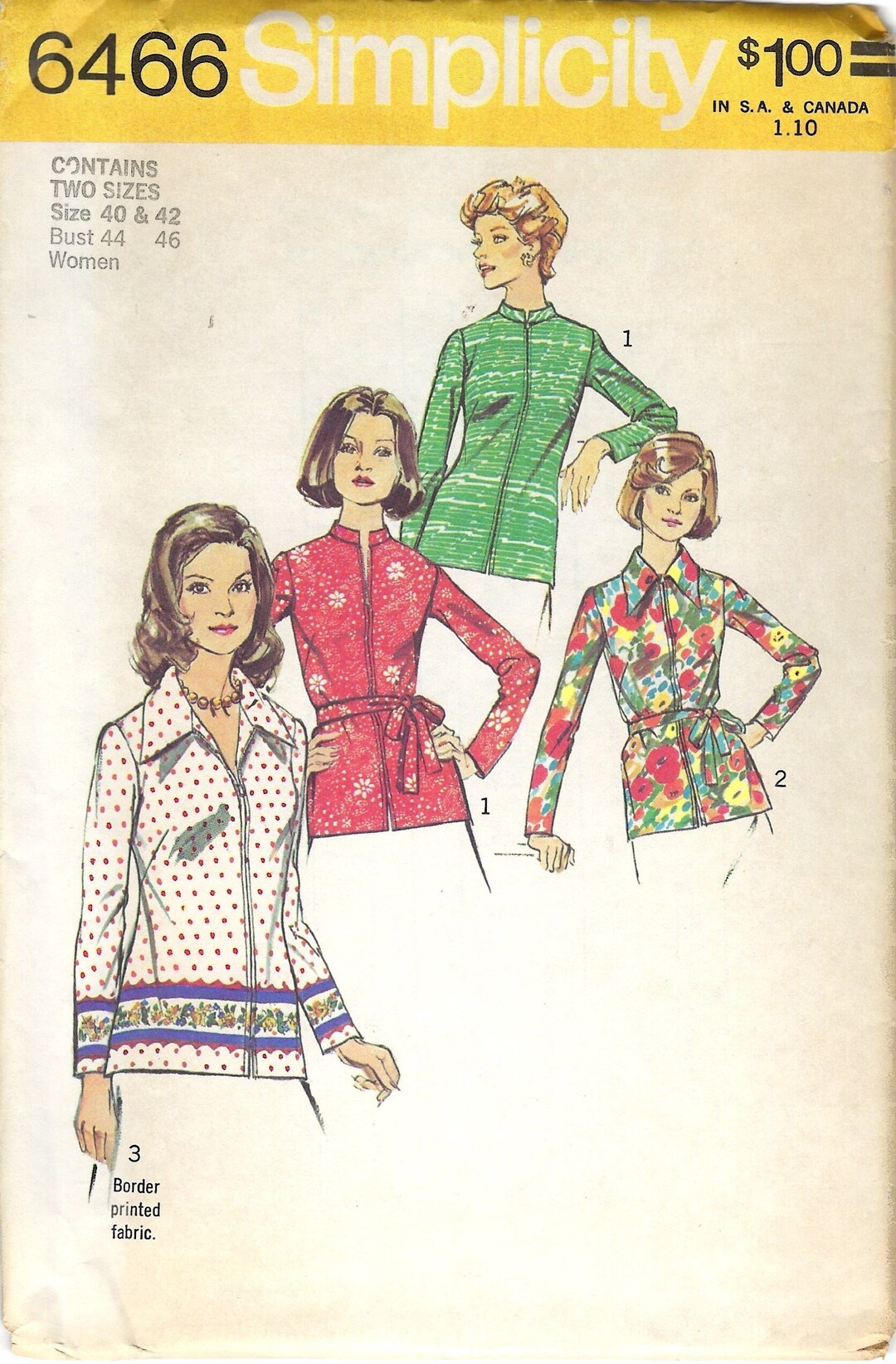 Simplicity 6466 1970s Set of Zip Front Blouses Sewing Pattern, Mandarin ...
