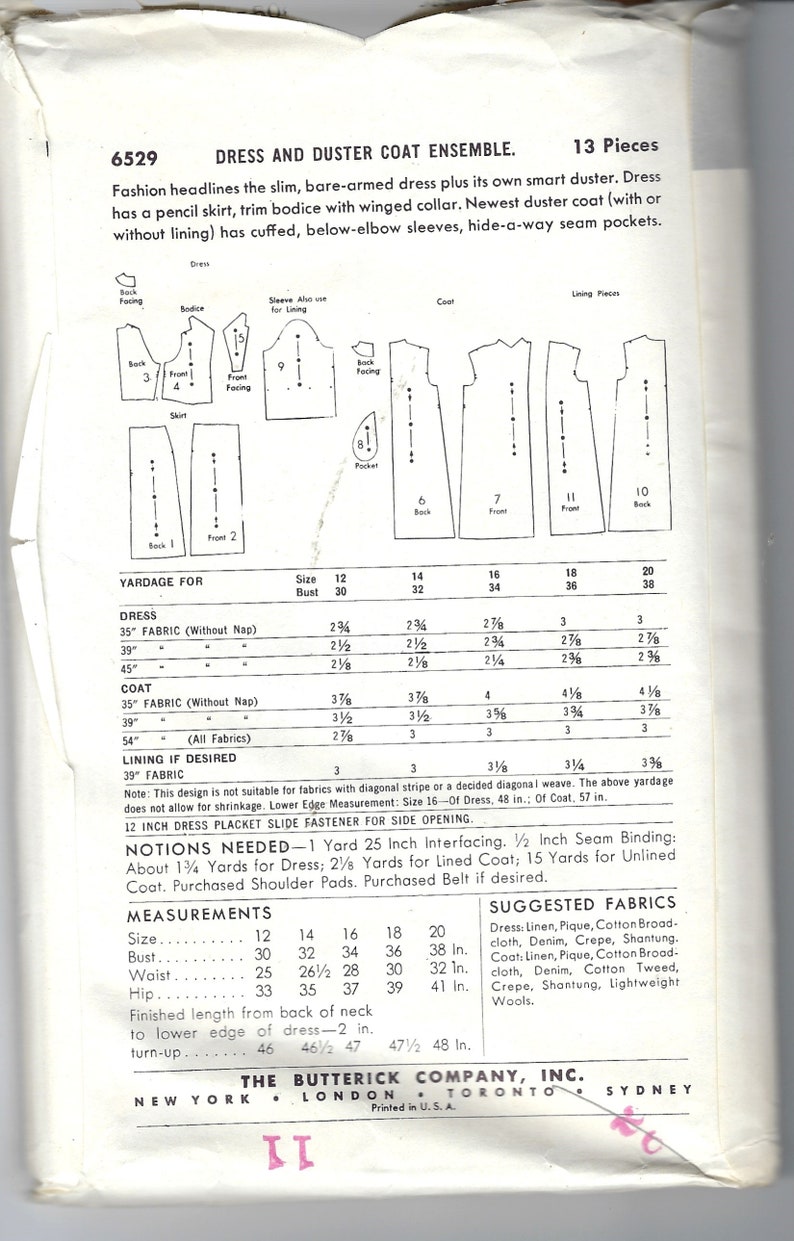 Vintage 50’s Butterick 6529 Slim Dress and Coat Pattern Size 14 Bust 32 ...