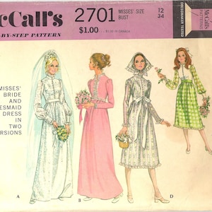 Vintage Boho 70s Wedding Dress Sewing Pattern, Mccalls 2701 Bridal ...