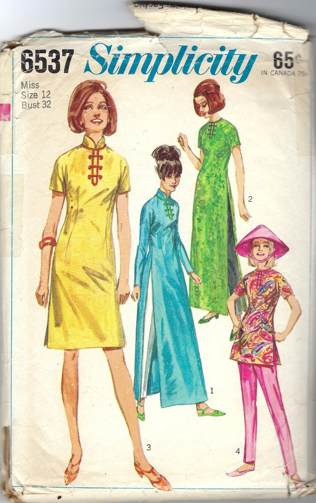 Simplicity 6537, 1960s Cheongsam Dress, Tunic, Pants, Hat Pattern ...