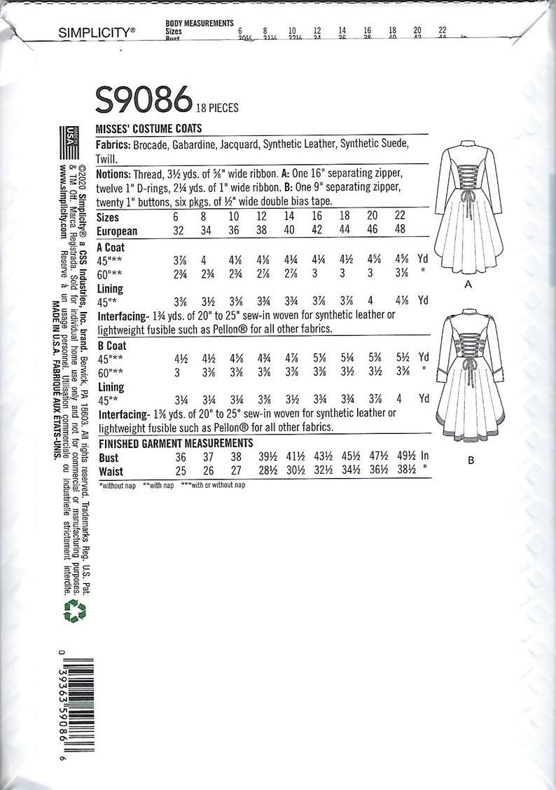 Simplicity S9086 Costume Coat Sewing Pattern UNCUT | Etsy