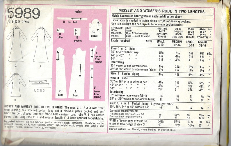 70s Simplicity 5989 Sewing Pattern, Misses Robe, Two Lengths - Etsy